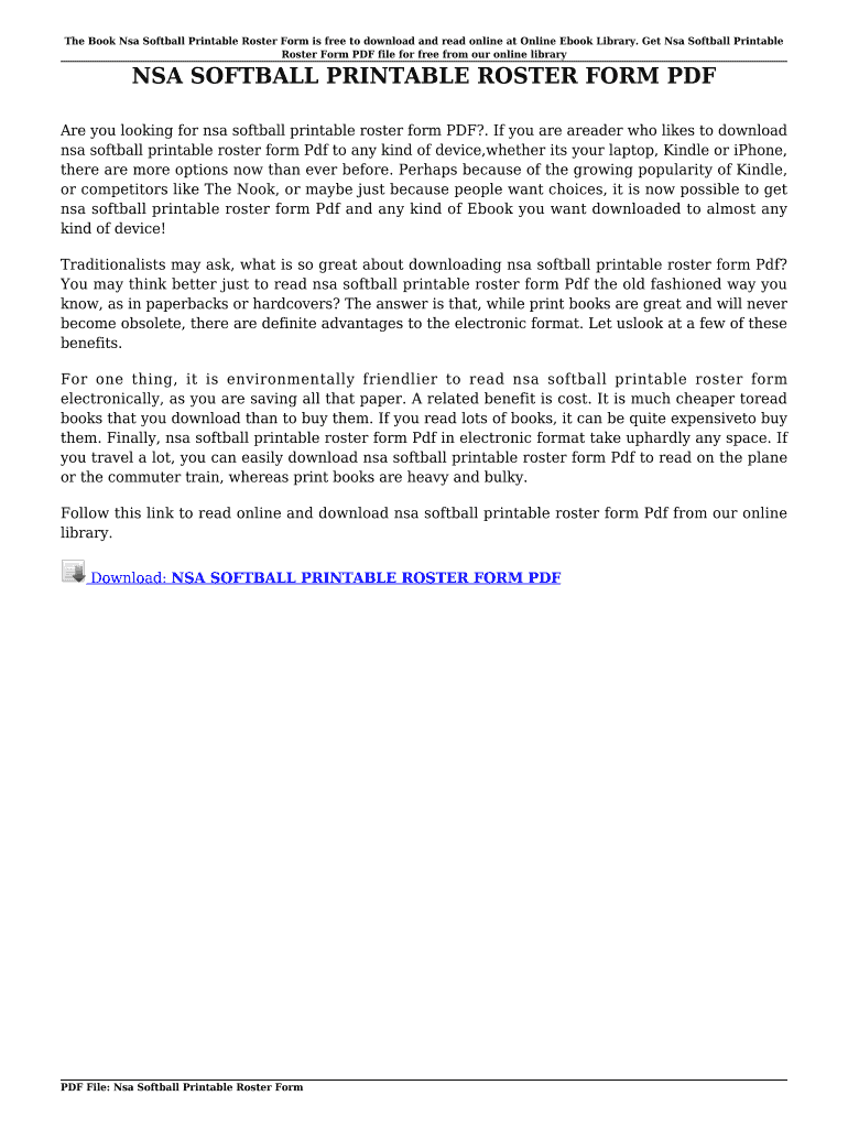 Fillable Online NSA SOFTBALL PRINTABLE ROSTER FORM PDF. NSA SOFTBALL ...