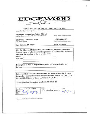 Fillable Online TEXAS SALES TAX EXEMPTION CERTIFICATE - eisd.net Fax ...