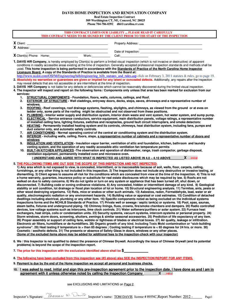 Fillable Online Client Inspection Contract - Davis Home Inspection Fax ...