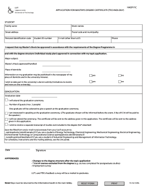 Fillable Online uni lut APPLICATION FOR MASTER'S DEGREE CERTIFICATE ...