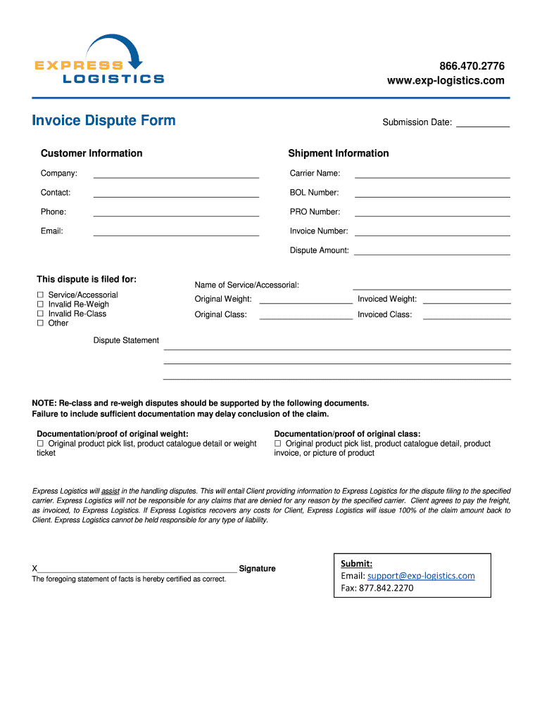 Fillable Online Invoice Dispute Form - Express Logistics Fax Email ...