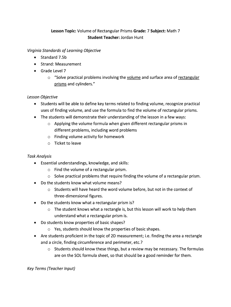 Fillable Online Lesson Topic: Volume of Rectangular Prisms Grade: Fax ...