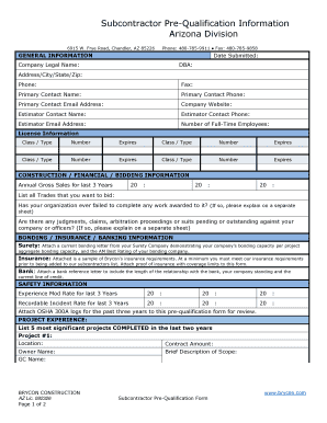 Fillable Online Subcontractor Pre-Qualification Information - brycon.com Fax Email Print - pdfFiller