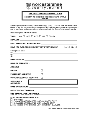 Fillable Online DBS UPDATE SERVICE CONSENT FORM - worcestershire.gov.uk ...