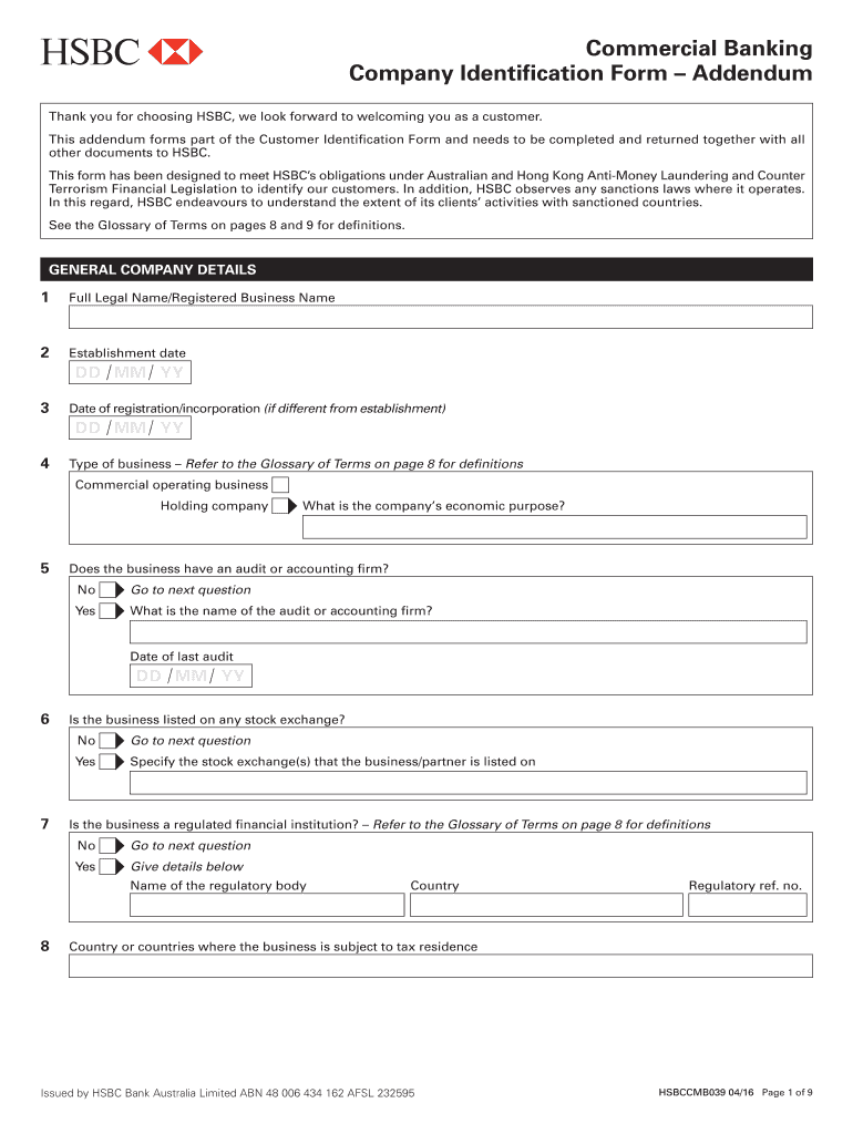 Fillable Online Commercial Banking Company Identification Form Addendum ...