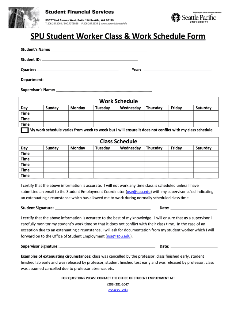 Fillable Online spu SPU Student Worker Class & Work Schedule Form Fax ...