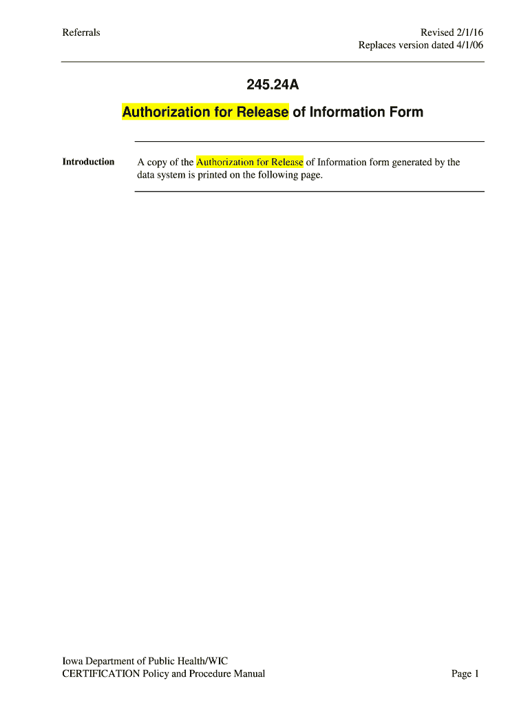 Fillable Online 245.24A Authorization for Release of Information Form ...