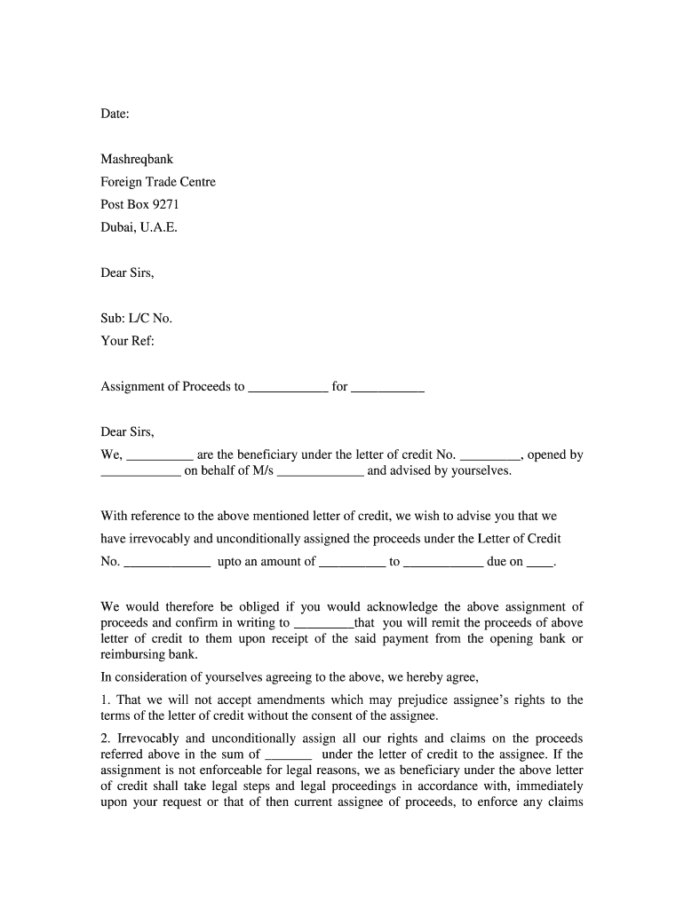 Fillable Online Assignment of Proceeds Request Form - Mashreq Bank Fax ...