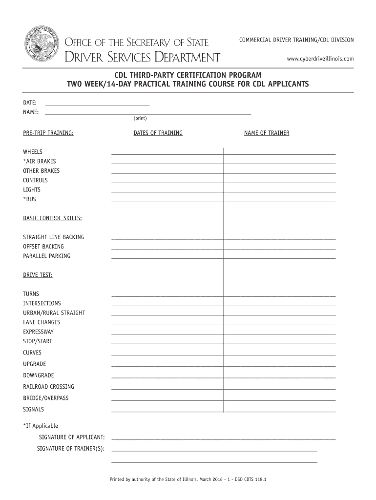 Fillable Online cyberdriveillinois COMMERCIAL DRIVER TRAINING/CDL ...