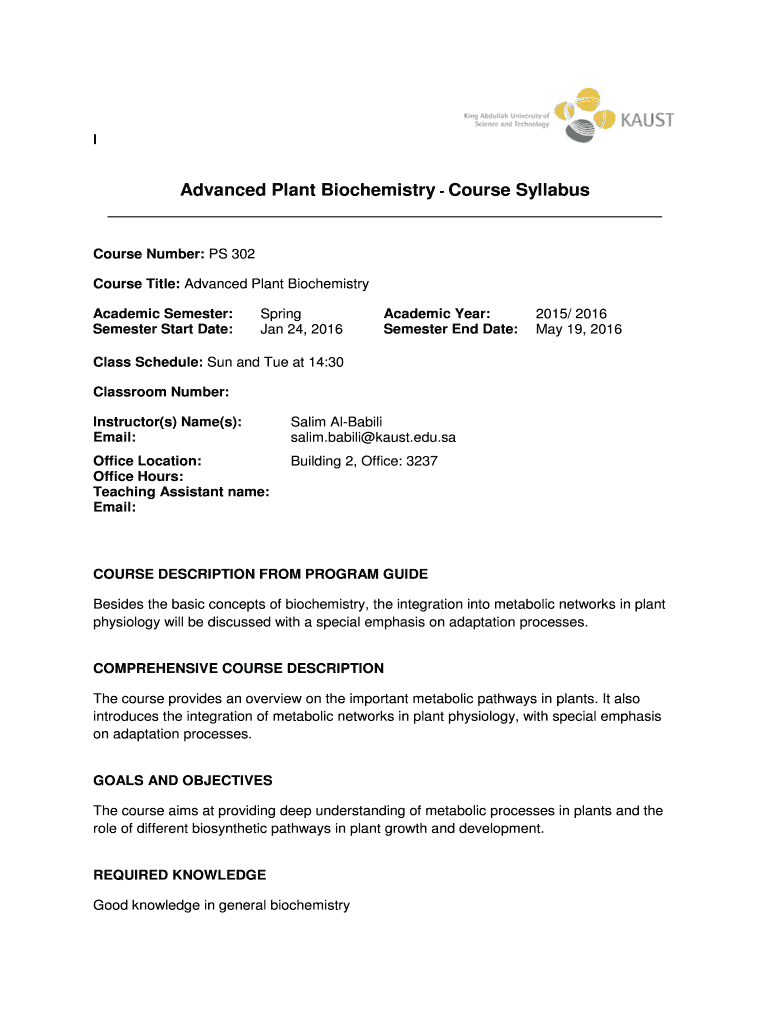 Fillable Online Advanced Plant Biochemistry - Course Syllabus Fax Email ...