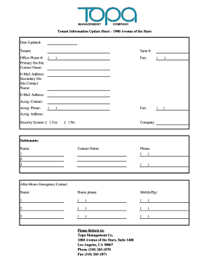 Fillable Online Tenant Information Update Sheet 1900 Avenue of the ...