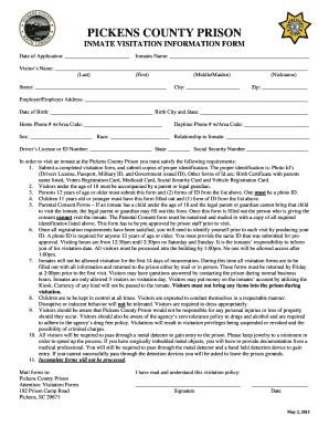 Fillable Online co pickens sc INMATE VISITATION INFORMATION FORM - co ...
