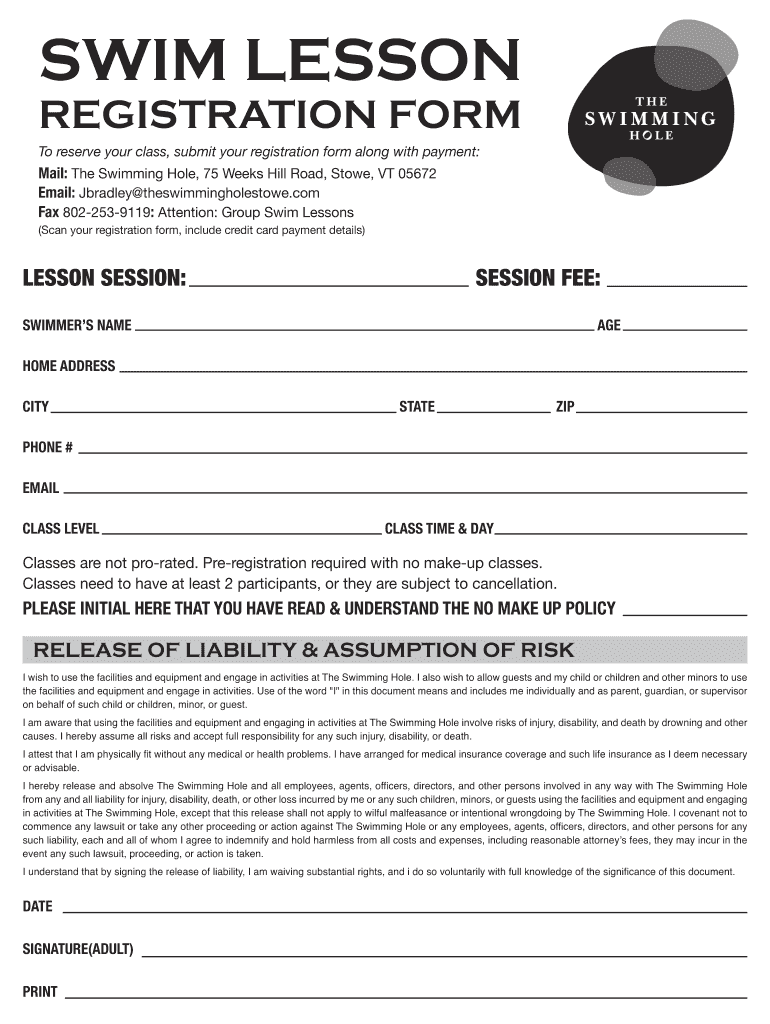 Fillable Online SWIM LESSON - The Swimming Hole Fax Email Print - pdfFiller