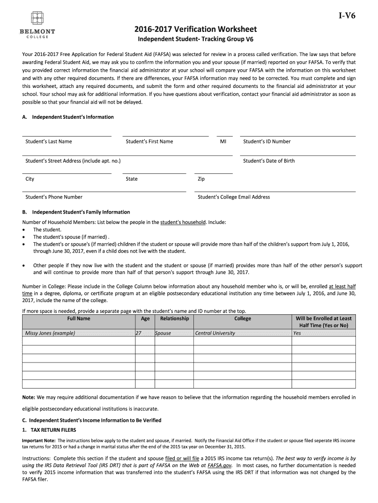 Fillable Online 2016-2017 Verification Worksheet - Belmont College Fax Email Print - pdfFiller