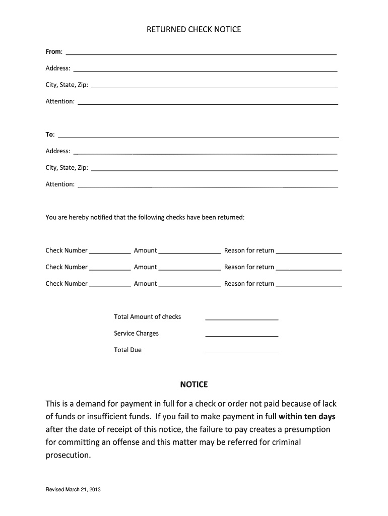 Fillable Online co midland tx RETURNED CHECK NOTICE - co midland tx Fax ...