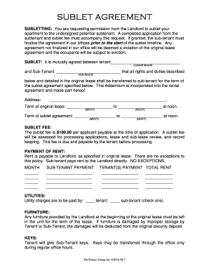 Fillable Online Sublet Agreement $100 2016 Fax Email Print - pdfFiller