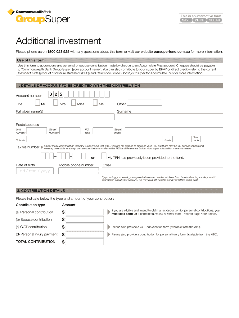 Fillable Online Additional investment - Commonwealth Bank Group Super ...