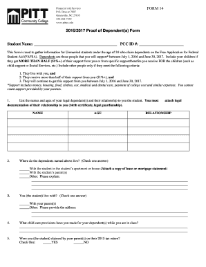 Fillable Online pittcc 2016/2017 Proof of Dependent(s) Form - pittcc ...