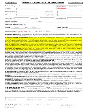 Fillable Online castlestorage CASTLE STORAGE - RENTAL AGREEMENT Fax ...