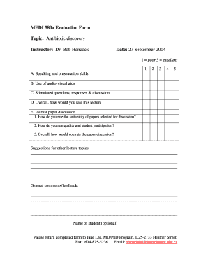Fillable Online cmdr ubc MEDI 580a Evaluation Form Topic: Antibiotic ...