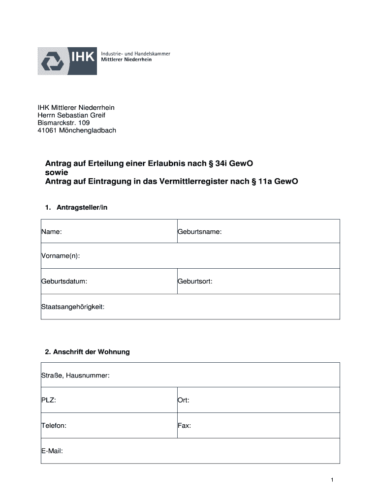 Fillable Online ihk-krefeld Antrag auf Erteilung einer Erlaubnis nach 34i GewO sowie ... Fax ...