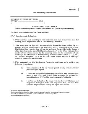 Fillable Online Bid-Securing Declaration - tourism.gov.ph Fax Email ...