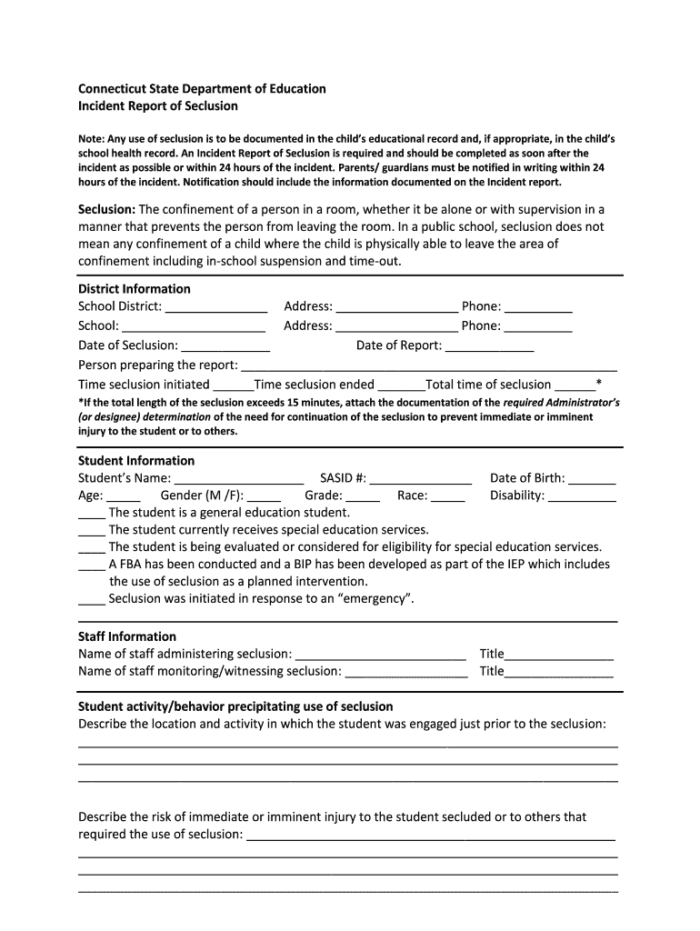 Fillable Online sde ct Incident Report of Seclusion Fax Email Print ...