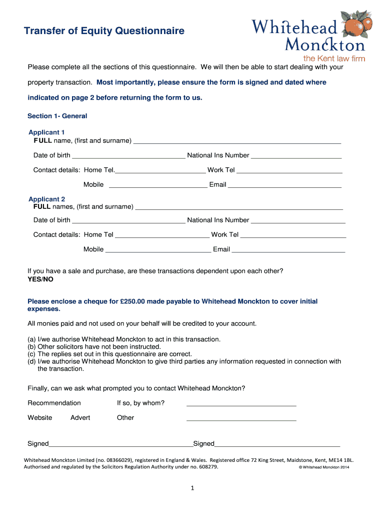 Fillable Online Transfer of Equity Questionnaire Fax Email Print ...