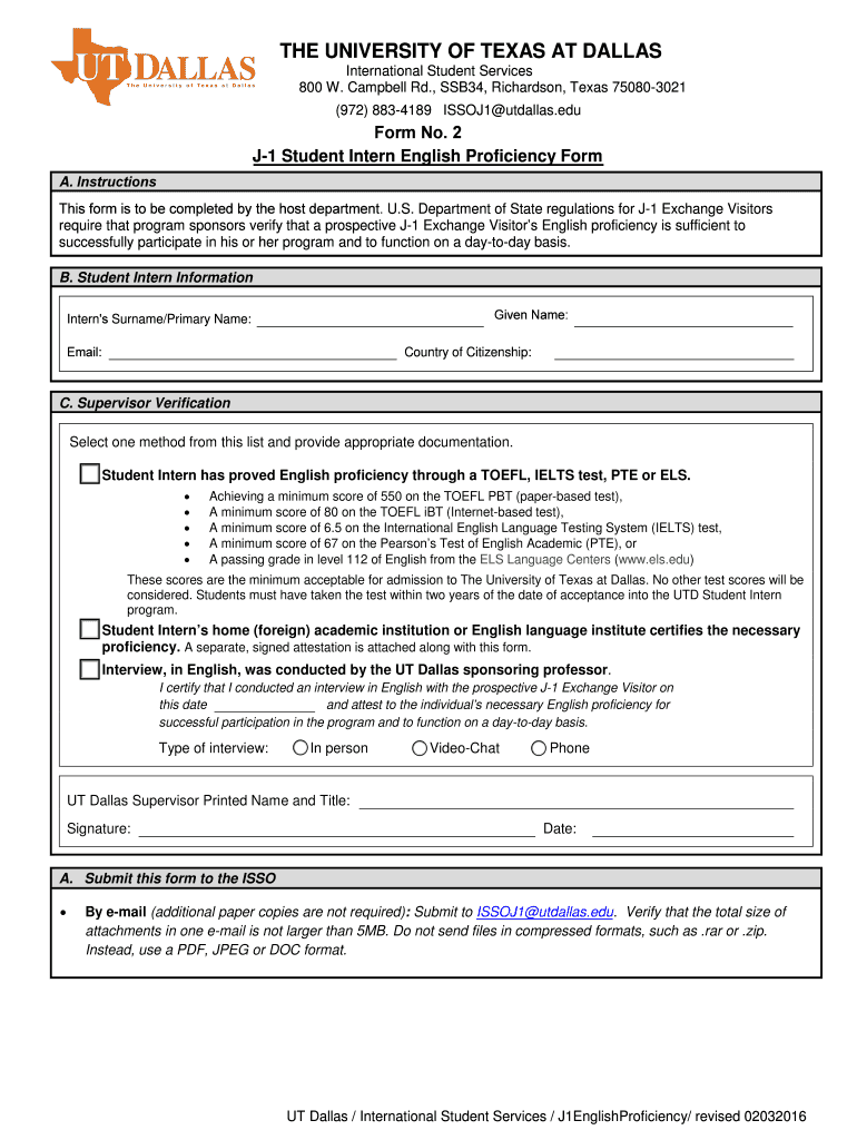 Fillable Online utdallas J-1 Student Intern English Proficiency Form Fax Email Print - pdfFiller