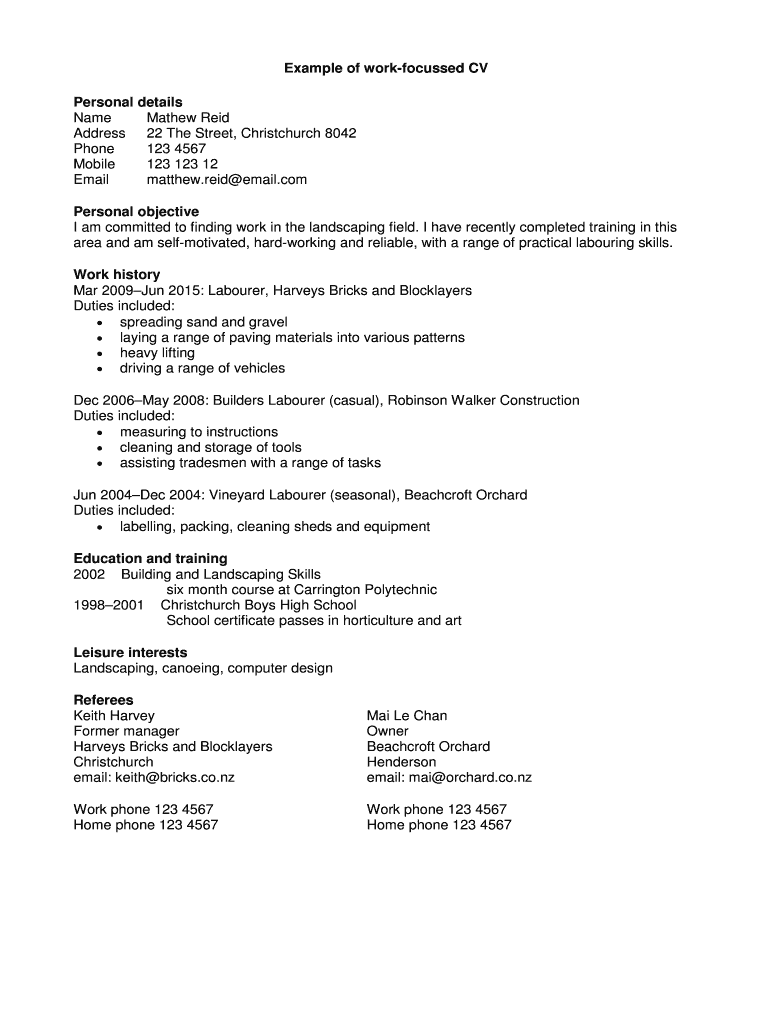 Fillable Online Example of work-focussed CV Fax Email Print - pdfFiller