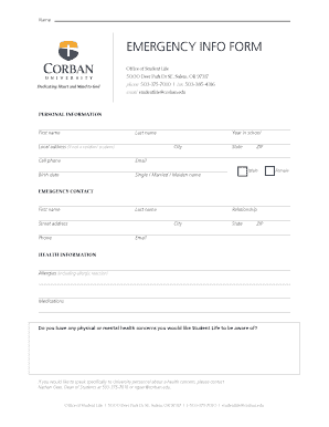 Fillable Online inside corban EMERGENCY INFO FORM - inside.corban.edu ...