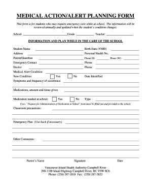 Fillable Online MEDICAL ACTION/ALERT PLANNING FORM - sd72.bc.ca Fax ...