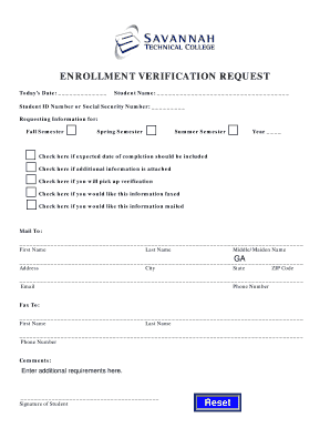Fillable Online savannahtech ENROLLMENT VERIFICATION REQUEST - savannahtech.edu Fax Email Print ...