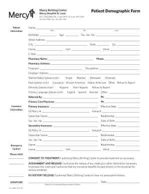Fillable Online Mercy Birthing Center Patient Demographic Form Fax ...