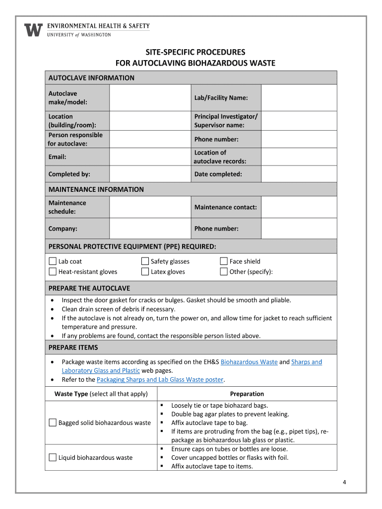 Fillable Online ehs washington AUTOCLAVING BIOHAZARDOUS WASTE GUIDELINES Fax Email Print - pdfFiller