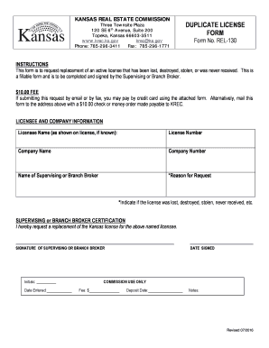 Fillable Online REL-130 Duplicate License Form - Kansas Real Estate ...