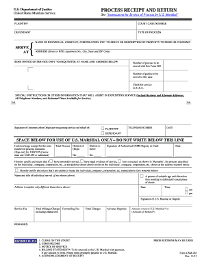 Fillable Online usmarshals Form USM-285, Process Receipt and Return - U ...