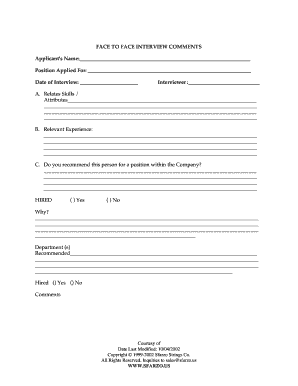 Fillable Online sfarzo FACE TO FACE INTERVIEW COMMENTS Applicant 's ...