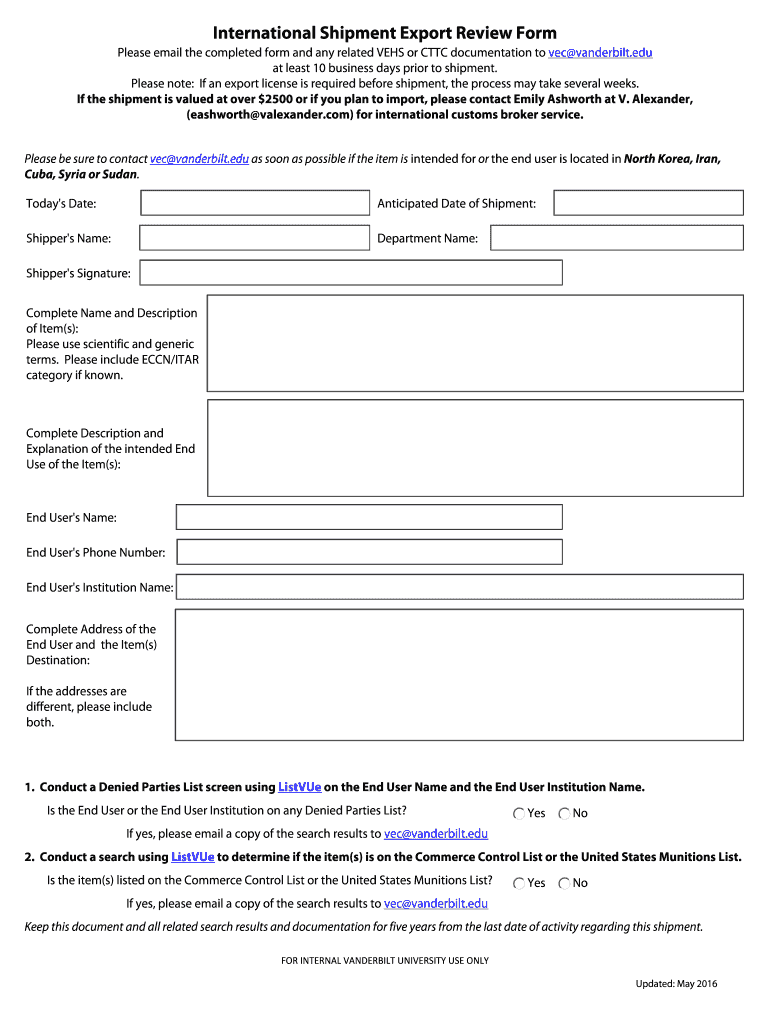 Fillable Online vanderbilt Please email the completed form and any related VEHS or CTTC ...