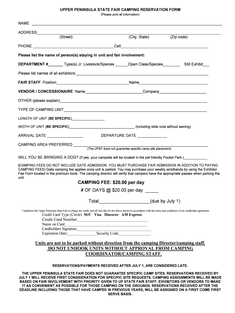 Fillable Online upstatefair CAMPING FEE: $20.00 per day Units are not ...