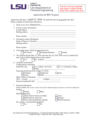 Fillable Online che lsu Application for REU Program Fax Email Print ...