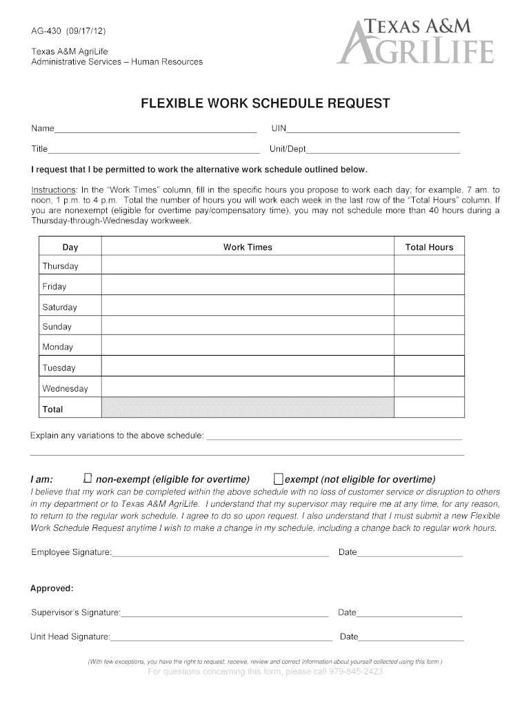 Fillable Online agrilifeas tamu FLEXIBLE WORK SCHEDULE REQUEST - Texas ...