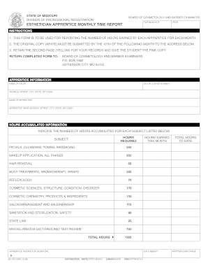 Fillable Online Esthetician Apprentice Monthly Time Report Fax Email ...