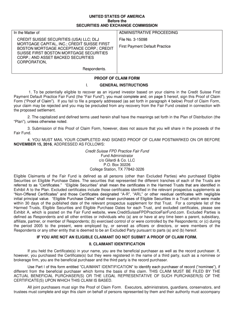 Fillable Online Proof of Claim Form - Credit Suisse First Payment ...