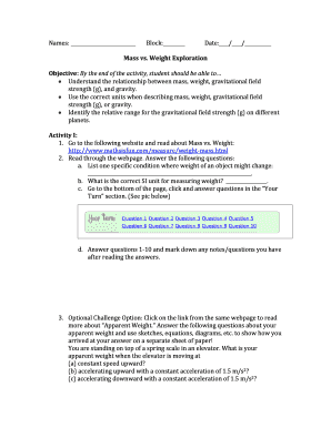 Fillable Online Mass vs. Weight Exploration Fax Email Print - pdfFiller