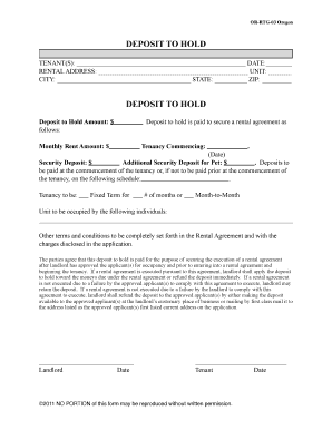Fillable Online DEPOSIT TO HOLD - Rentegration Management-Software Fax ...