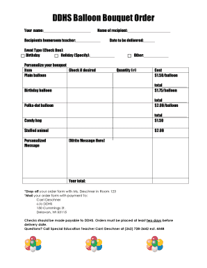 Fillable Online DDHS Balloon Bouquet Order - ddschools.org Fax Email ...