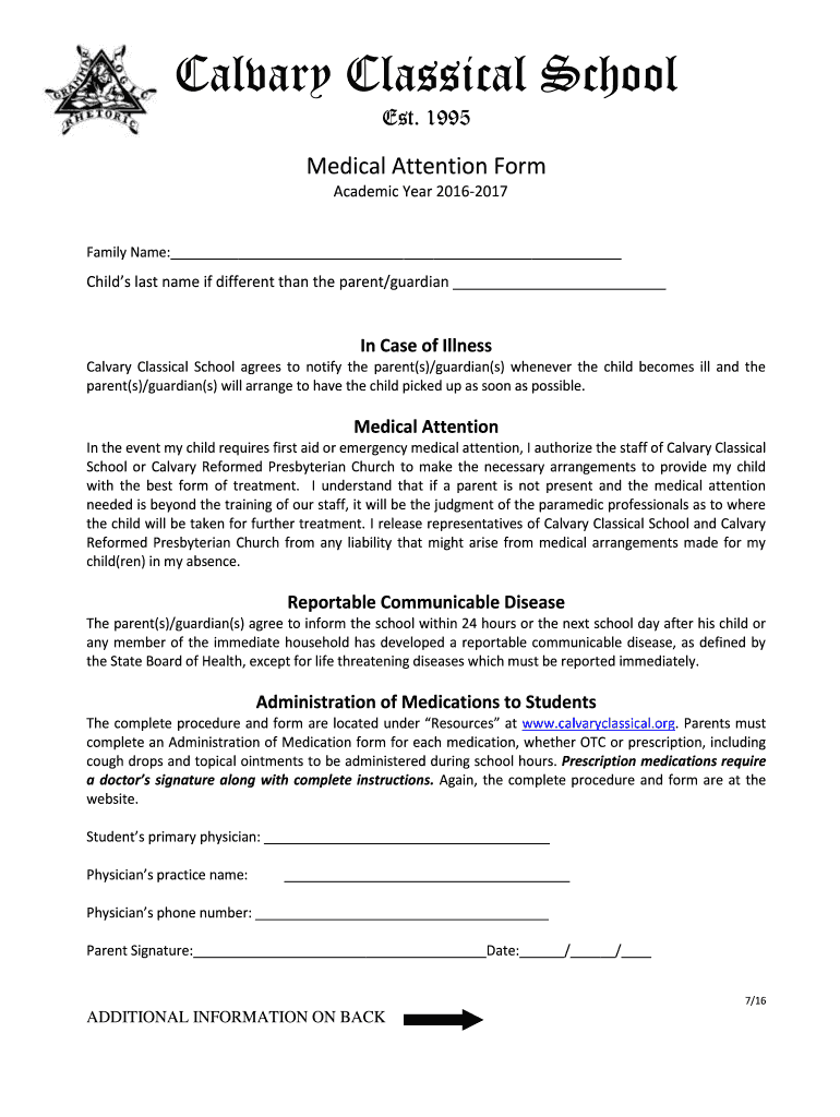 Fillable Online calvaryclassical Medical Attention Form ...
