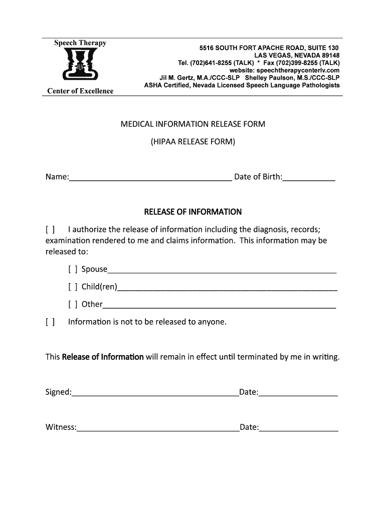 Fillable Online MEDICAL INFORMATION RELEASE FORM (HIPAA RELEASE Fax ...