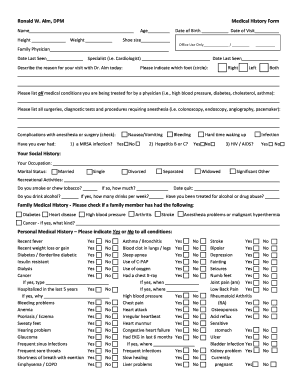 Fillable Online Ronald W. Alm, DPM Medical History Form Your Social ...